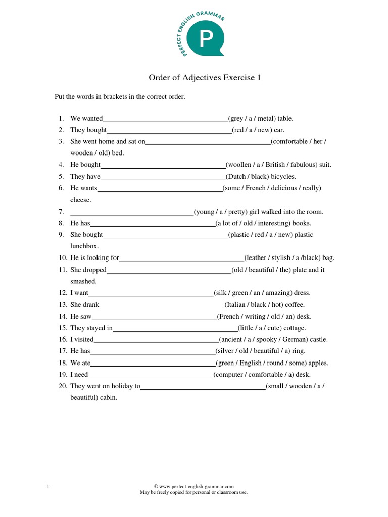 Order of Adjectives Practice Exercise | PDF