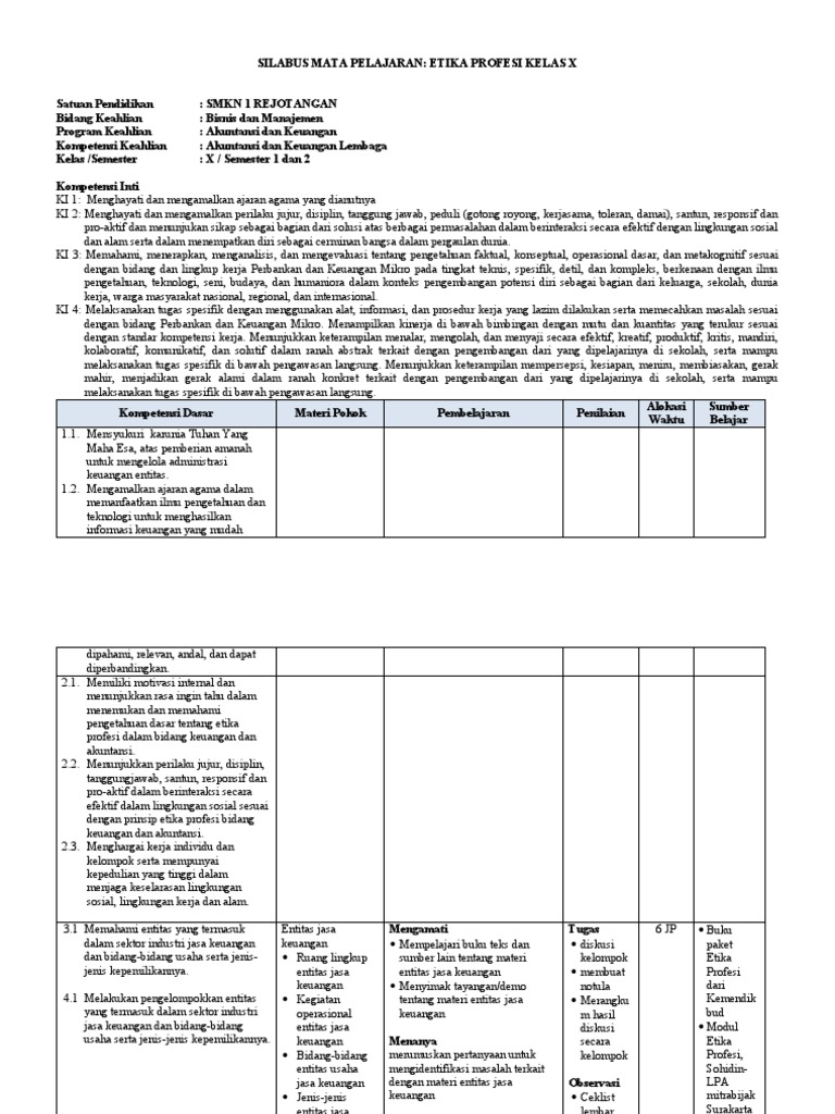 Silabus Etika Profesi Kelas X Akuntansi | PDF | Karier & Perkembangan | Bisnis