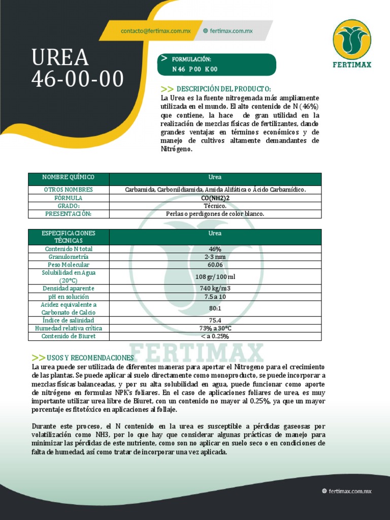 Ficha Tecnica Urea (46-00-00) | PDF | Fertilizante | Química