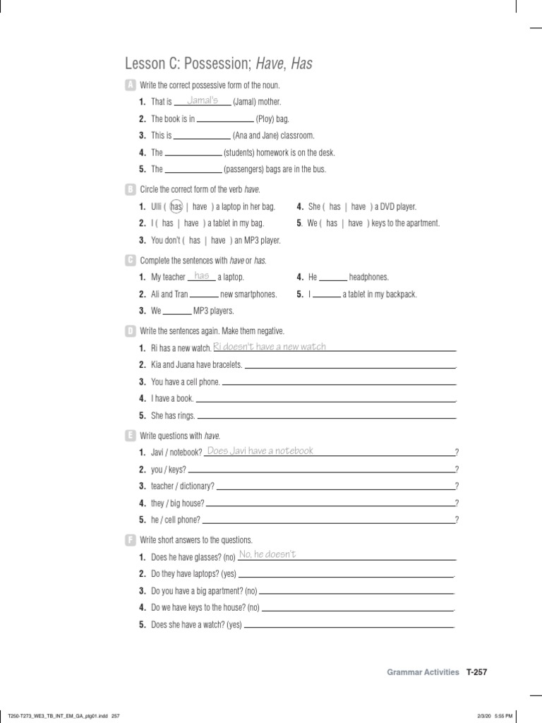 World English 3e Level Intro Grammar Activities Unit 4 Lesson C | PDF ...