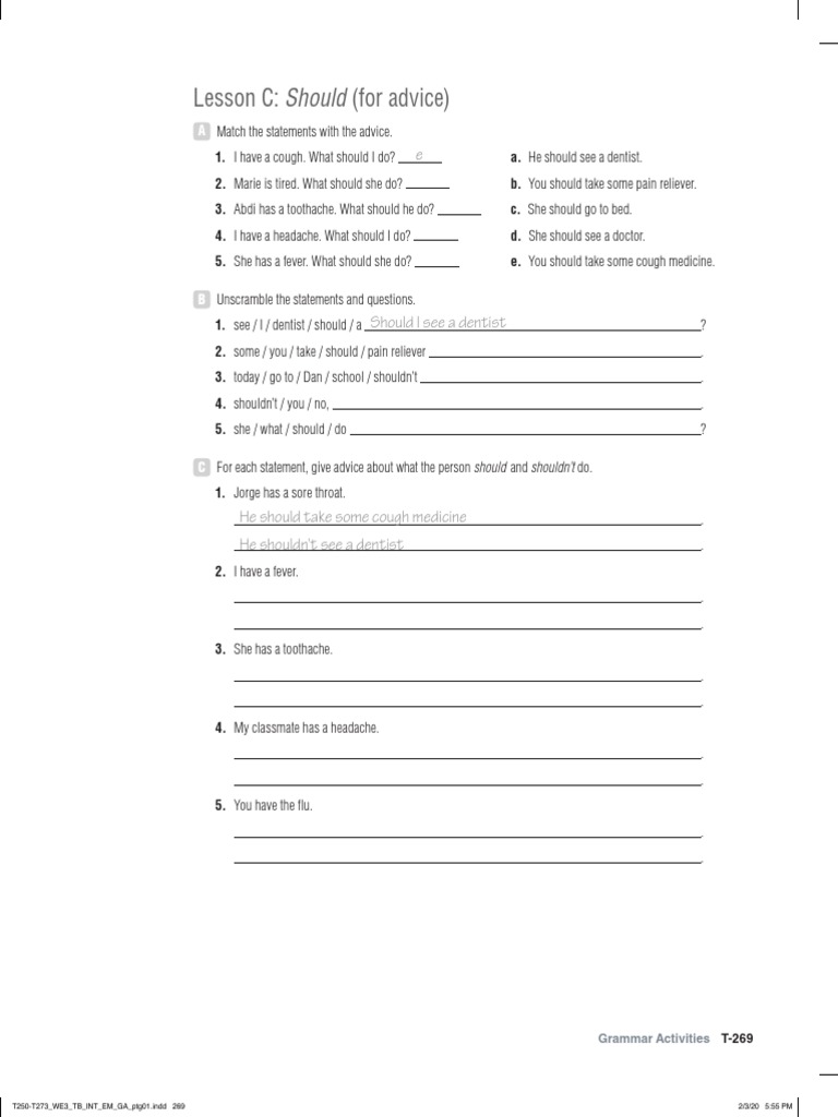 World English 3e Level Intro Grammar Activities Unit 10 Lesson C | PDF ...