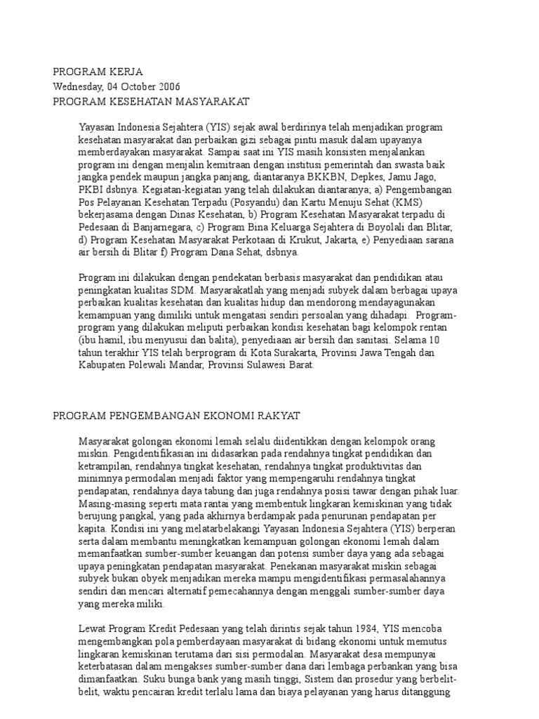 Contoh Program Kerja Yayasan Indonesia Sejahtera | PDF