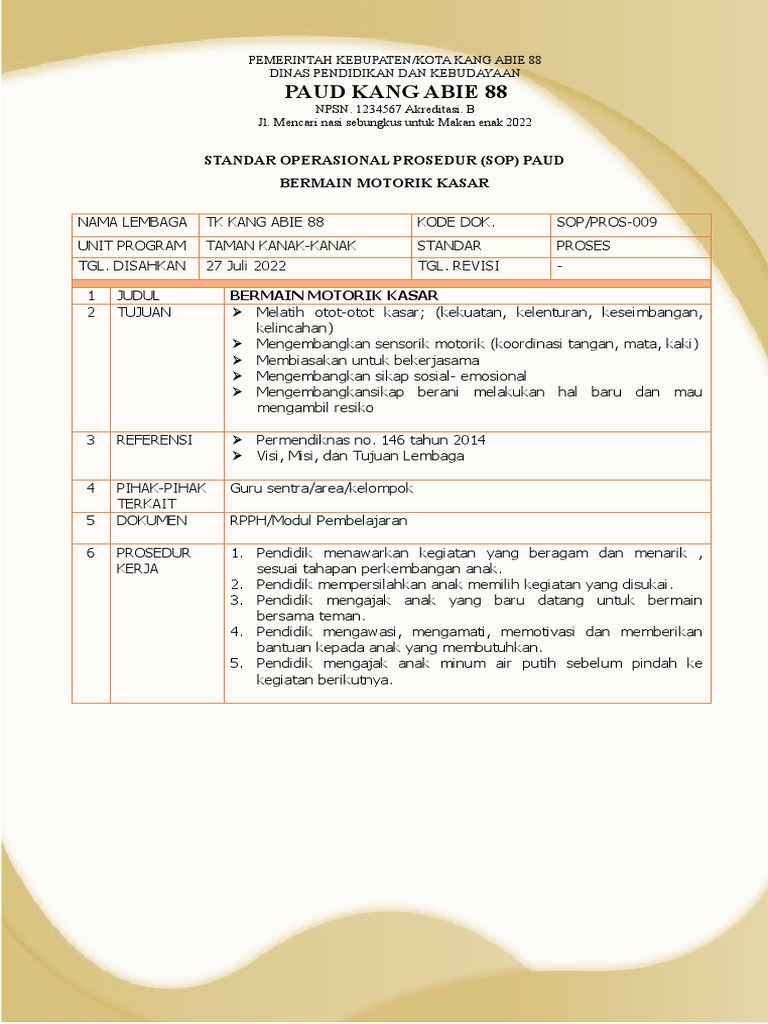 Sop Paud Bermain Motorik Kasar Merdeka | PDF