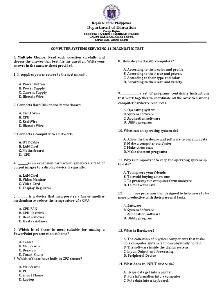 CSS 11 - Q1 DIAGNOSTIC TEST - No Answer | PDF | Operating System | Usb ...