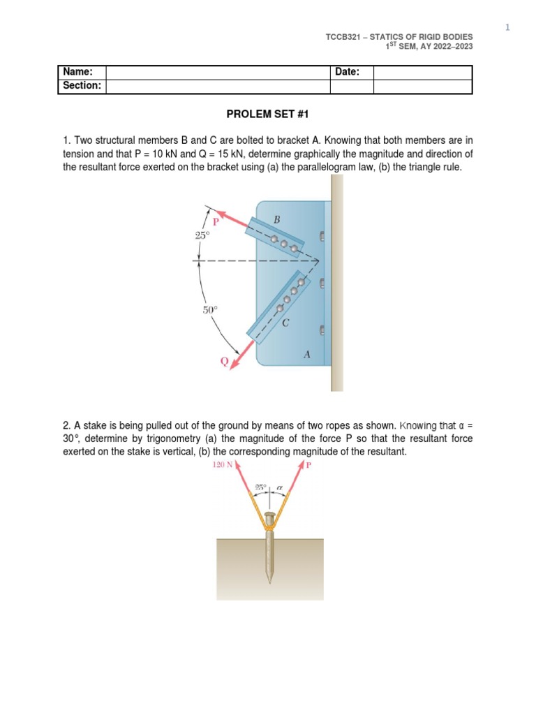 Problem Set #1 Statics of Rigid Bodies | PDF | Force | Euclidean Vector