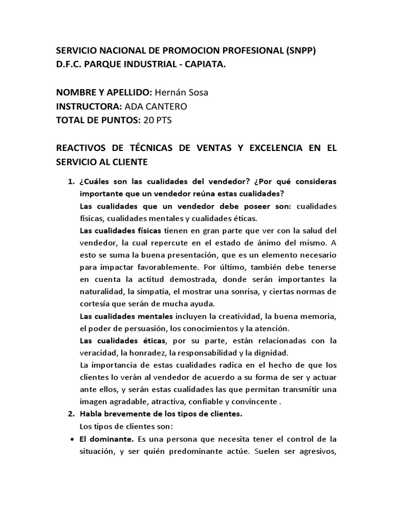 Reactivo de Tecnicas de Ventas-Hernan - Sosa | PDF | Cliente | Las emociones
