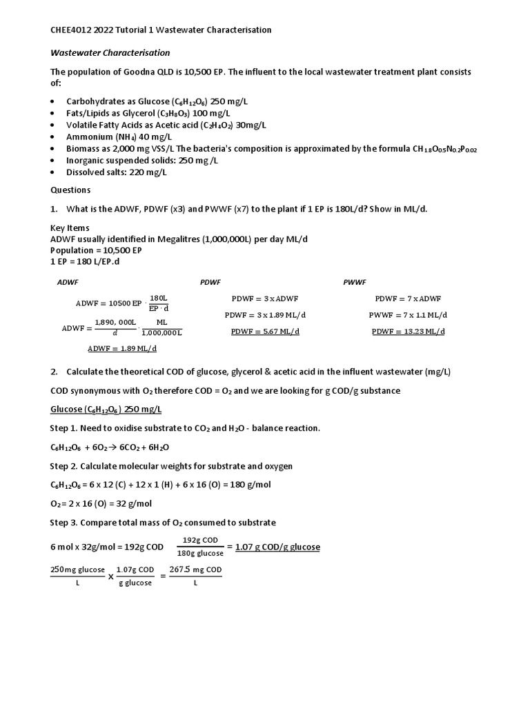Week 1 Tutorial Wastewater Characterisation Solutions | PDF | Glucose | Lipid