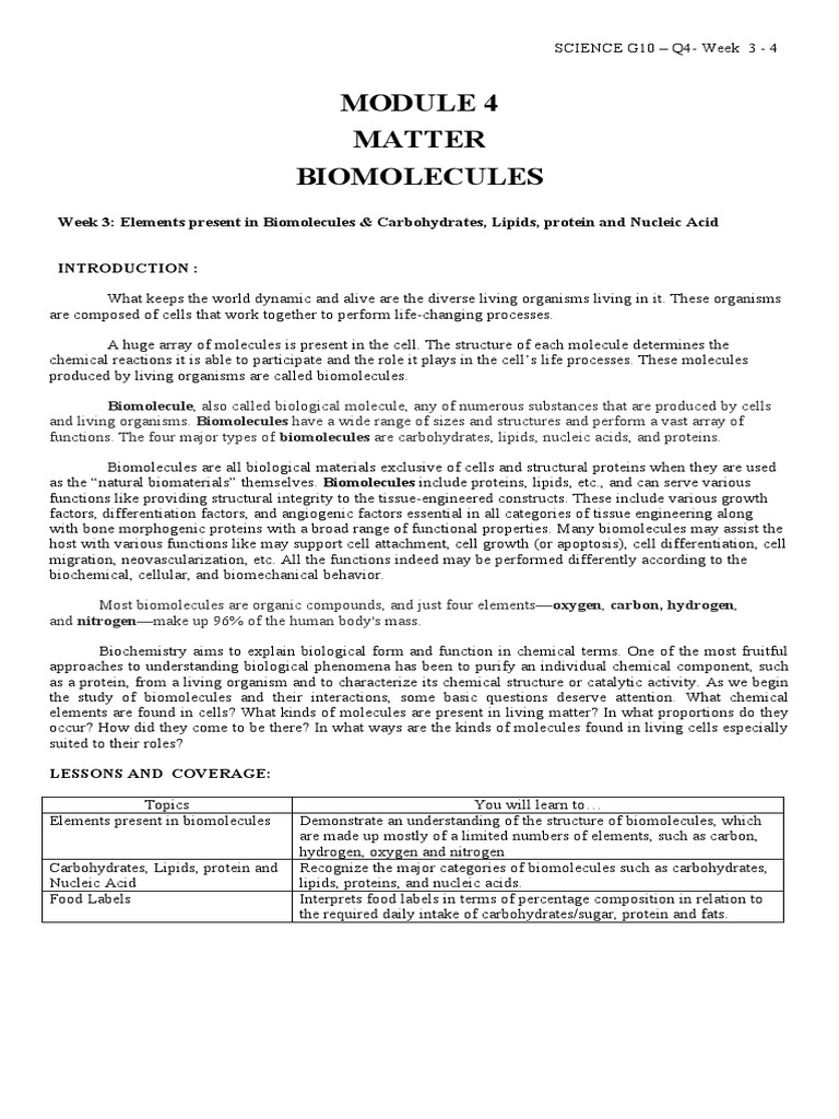 SCIENCE 10 MODULE FOURTH QUARTER Week 3 4 Biomolecules | PDF ...