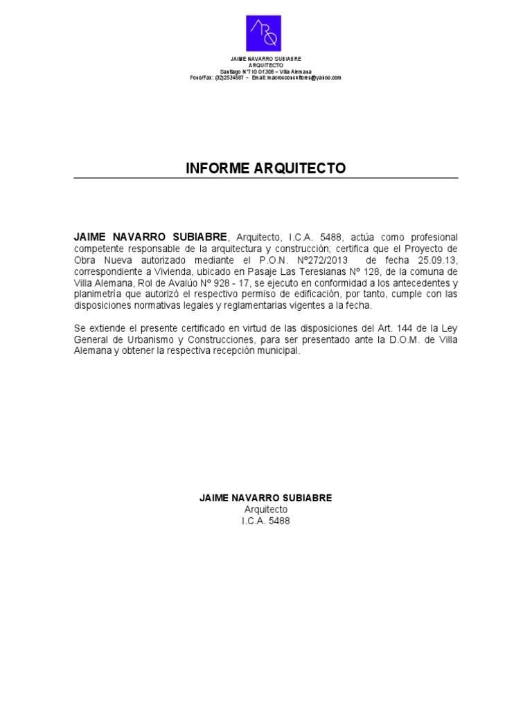 Informe Arquitecto Art 144 (PARA RECEPCION) | PDF Informe Arquitecto Art 144 (PARA RECEPCION) | PDF