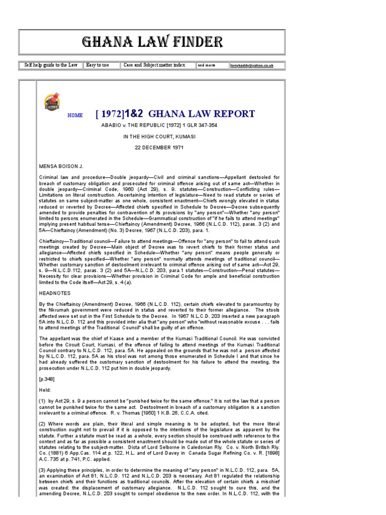 Ababio v. R (1972) 1 GLR 347 | PDF | Double Jeopardy | Crimes