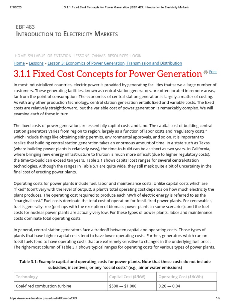 3.1.1 Fixed Cost Concepts For Power Generation - EBF 483 - Introduction ...