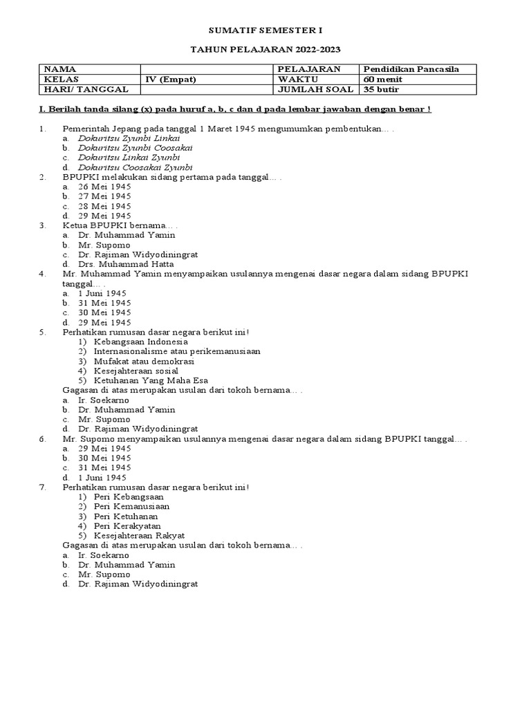 Soal Sumatif Pendidikan Pancasila Bab 1 Kelas 4 Selasa 9 8 2022 | PDF | Politik | Ilmu Sosial