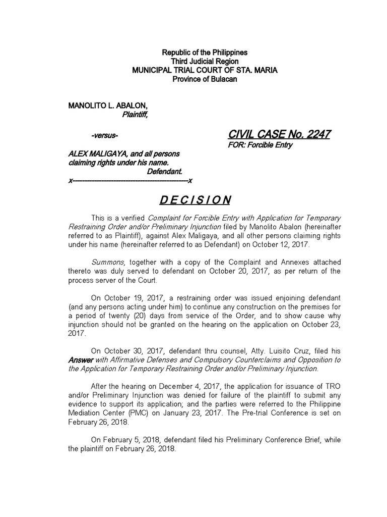 Sample Decision Forcible Entry | PDF | Lawsuit | Injunction