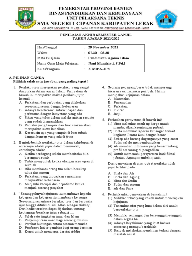 Soal Pas Ganjil Pai Kelas X TP 21-22 Sma | PDF