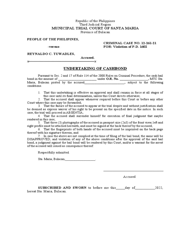 Cash Bond Undertaking | PDF | Bail | Legal Procedure