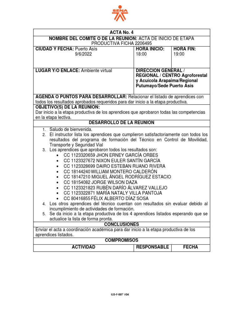 Acta 8 Inicio Etapa Productiva | PDF