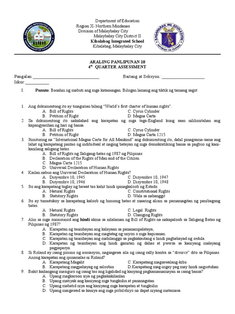 Grade 10 TEST 4th Quarter | PDF