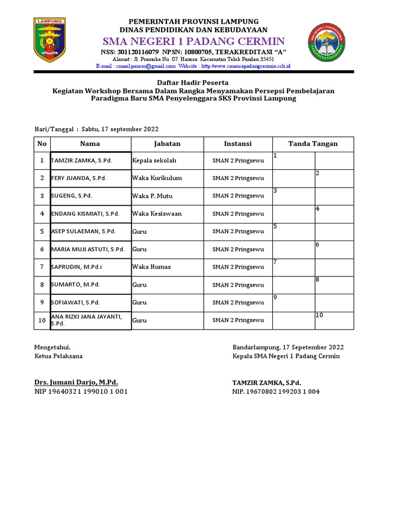 Contoh Daftar Hadir Dan BKP | PDF