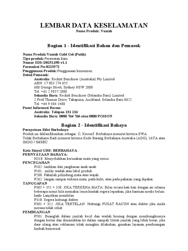 Lembar Data Keselamatan Vanish | PDF