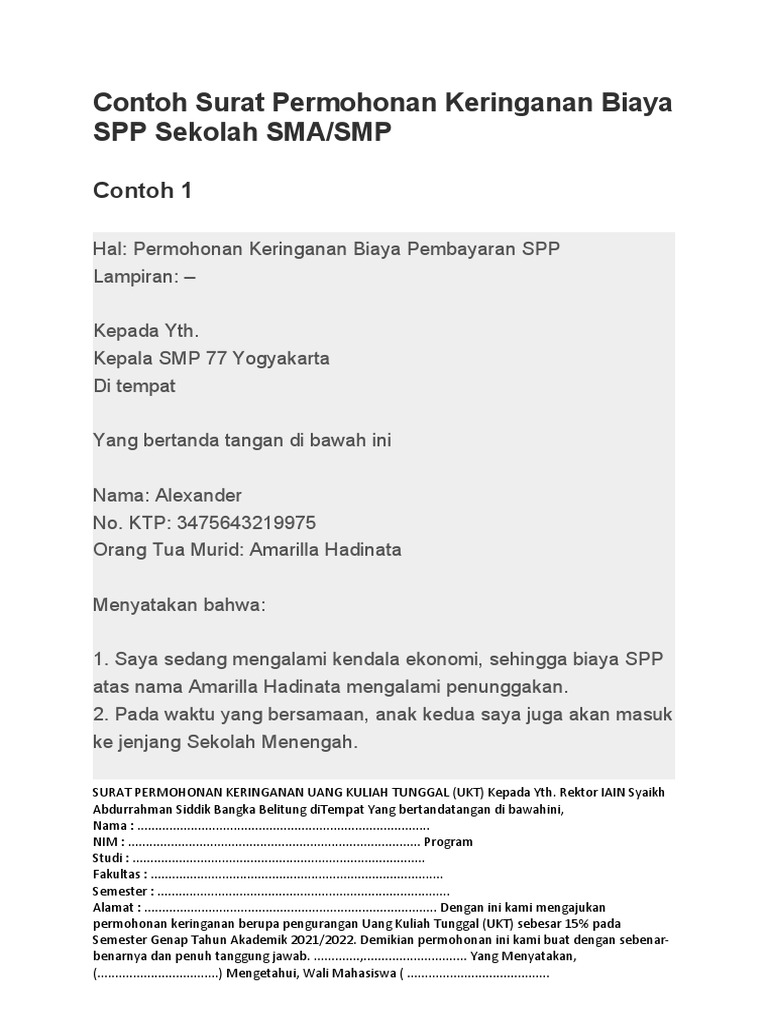 Contoh Surat Permohonan Keringanan Biaya SPP Sekolah SMA | PDF