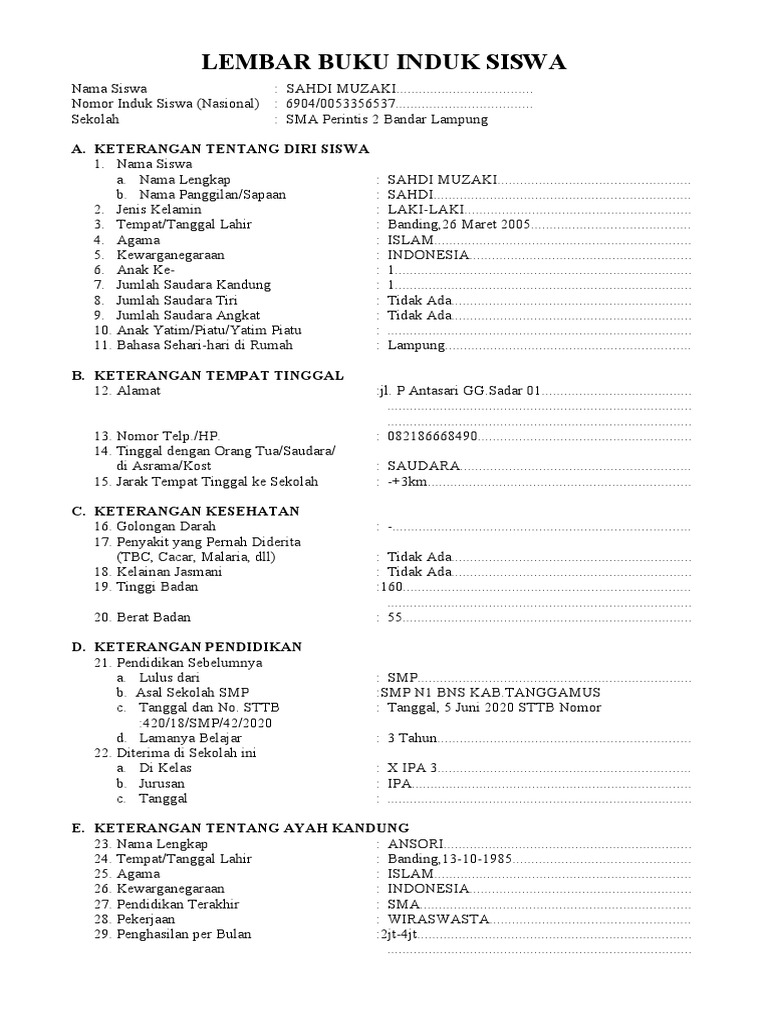 Lembar Buku Induk Siswa | PDF