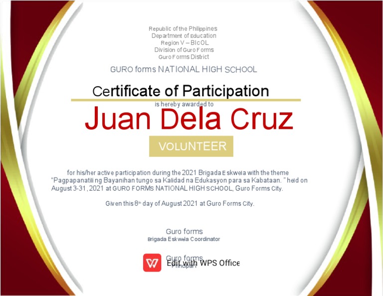 Brigada Cerificate of Participation Template | PDF