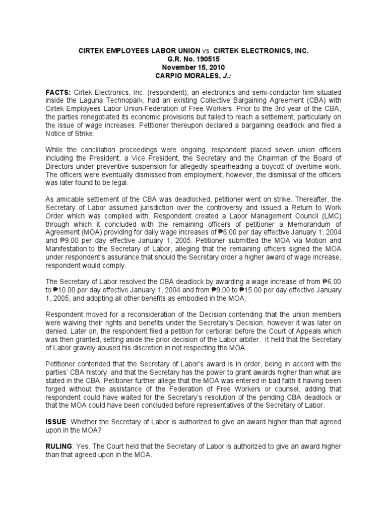 CIRTEK EMPLOYEES LABOR UNION vs. CIRTEK ELECTRONICS, INC. | PDF | Trade ...