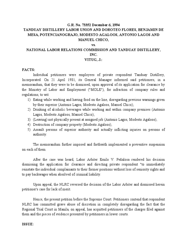 Tanduay Distillery vs. NLRC | PDF | Employment | Judiciaries