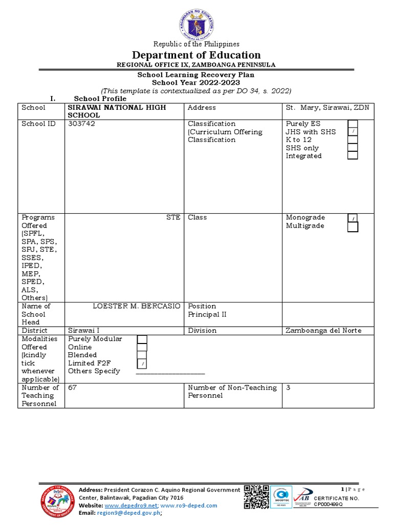 School Learning Recovery Plan - SirawaiNHS | PDF | Learning