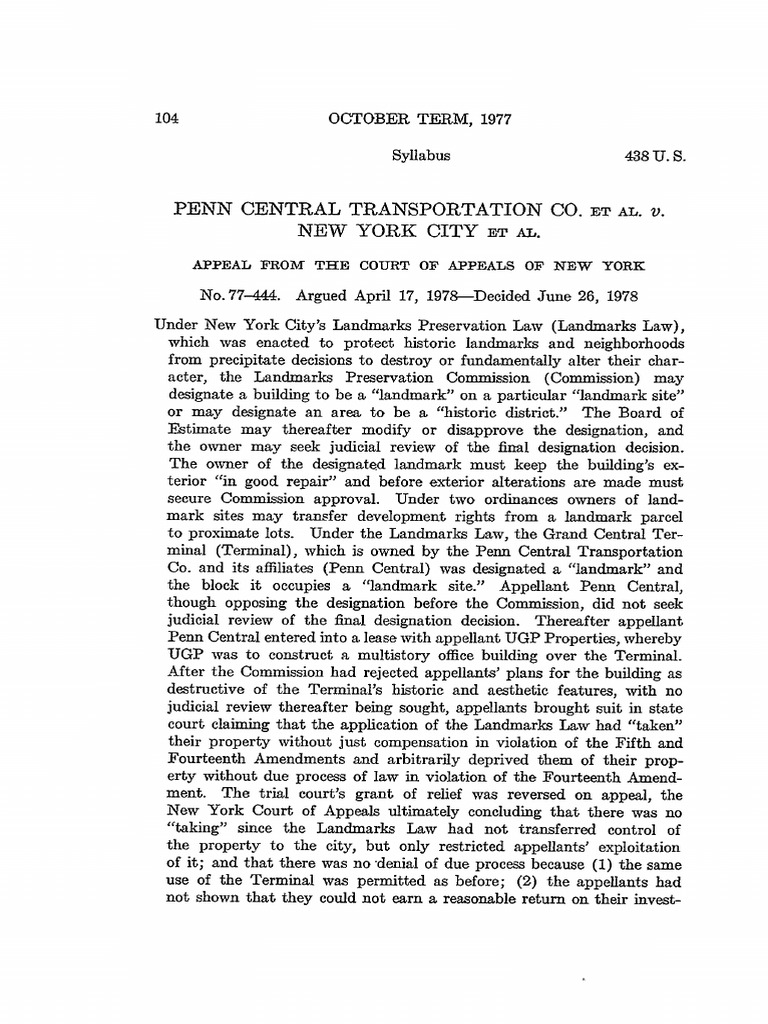 Penn Central Transp. Co. v. New York City, 438 U.S. 104 (1978) | PDF ...