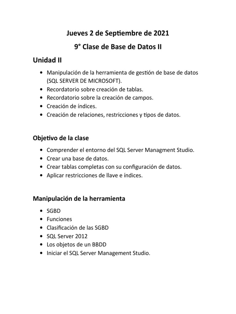 9° Clase de Base de Datos II | PDF | Servidor SQL de Microsoft | Bases ... 9° Clase de Base de Datos II | PDF | Servidor SQL de Microsoft | Bases ...