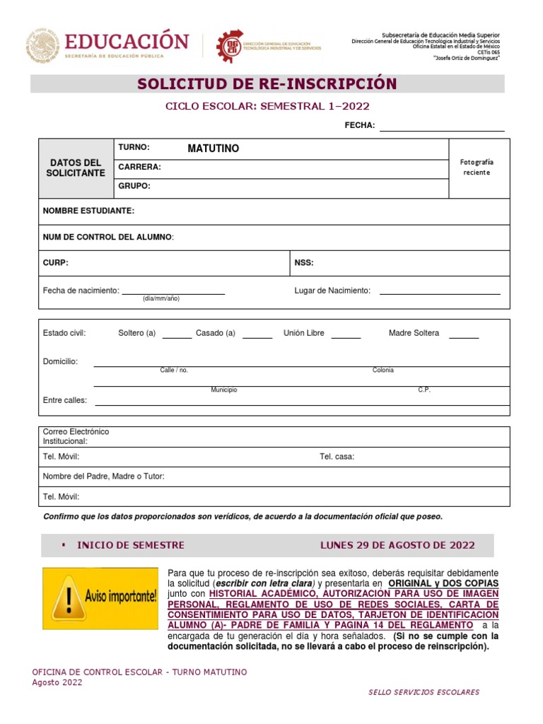 Solicitud de Reinscripcion. | PDF