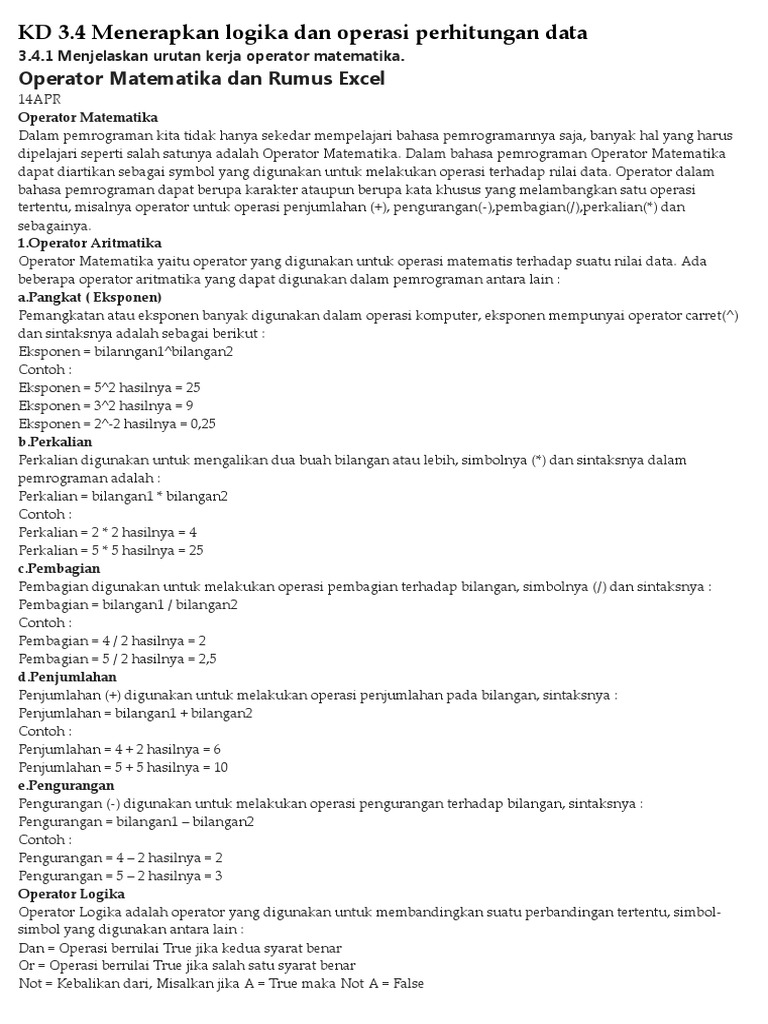 Operator Matematika dalam Excel | PDF