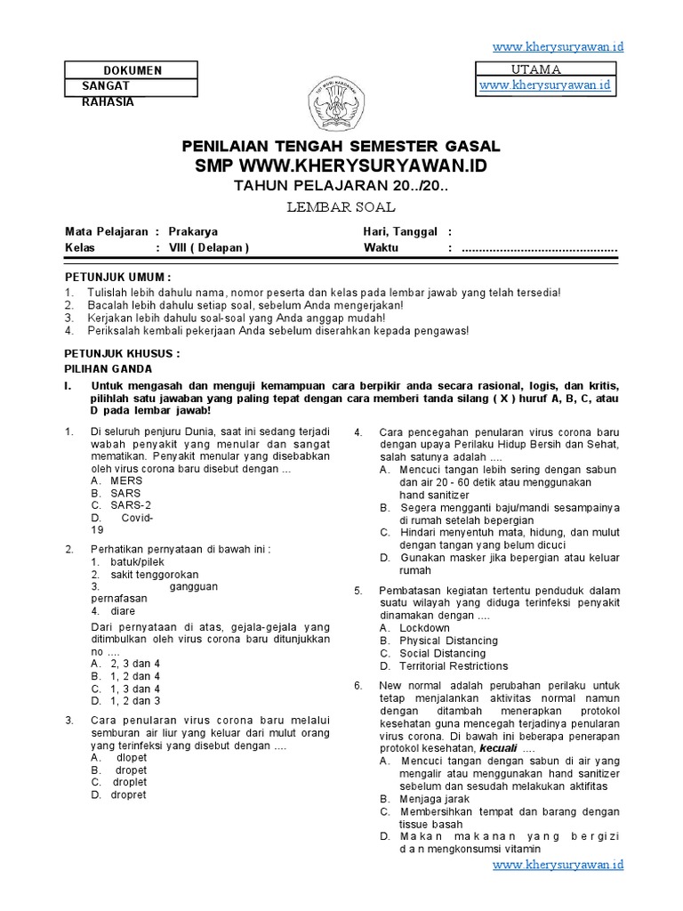1 - Soal PTS Prakarya Kelas 8 Sem.1 - WWW - Kherysuryawan.id | PDF