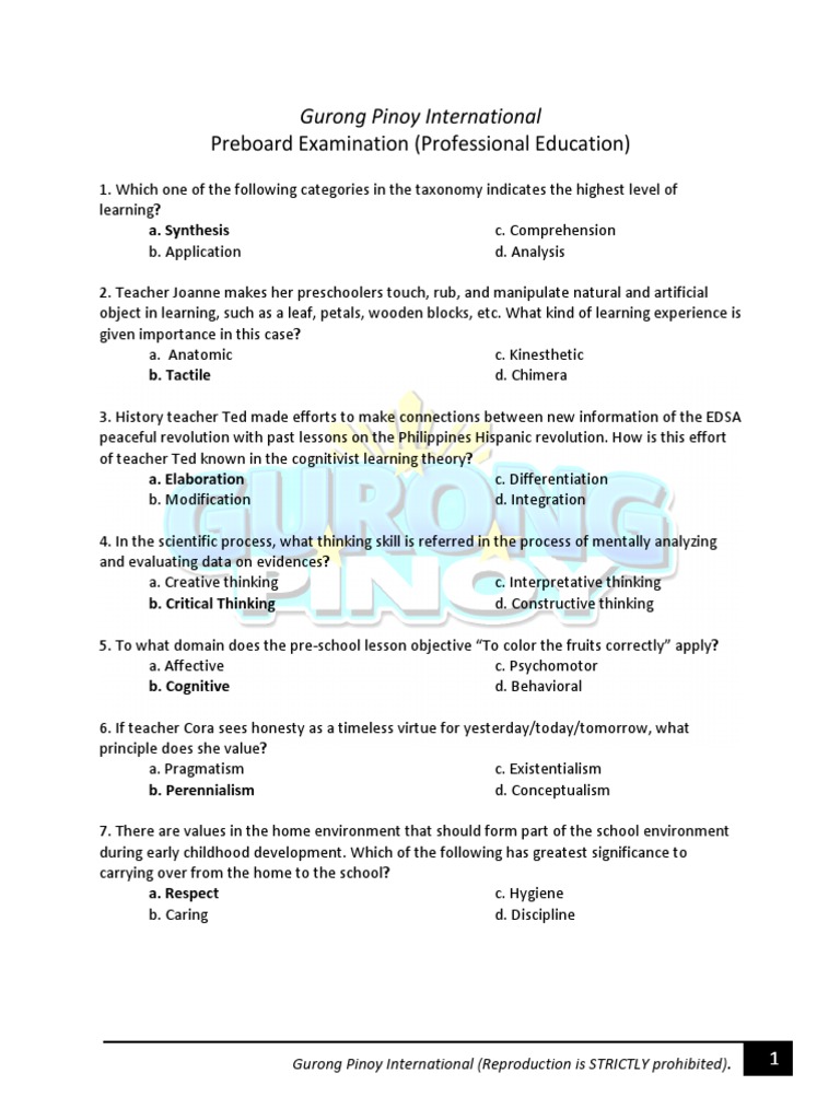 ProfEd Preboard September 2021 Answers | PDF | Learning | Teachers