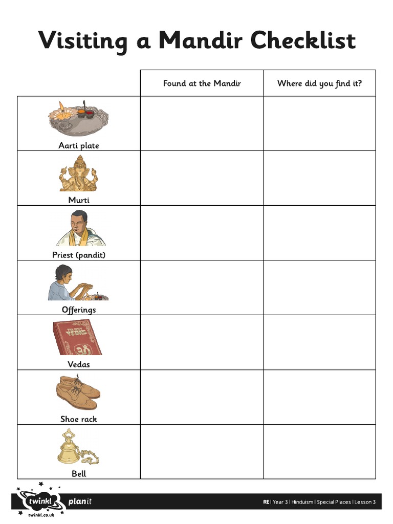 Hinduism Activity Sheet Visiting a Mandir Checklist | PDF