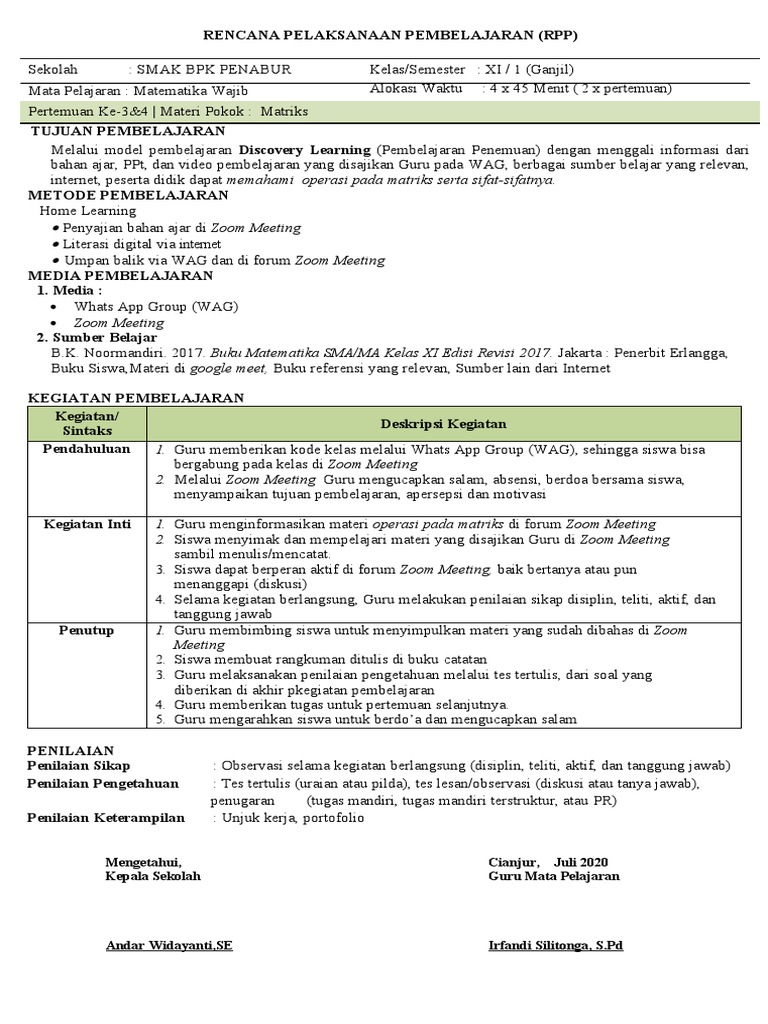 RPP Matematika Kelas XI: Matriks Ganjil | PDF | Metode & Bahan Ajar