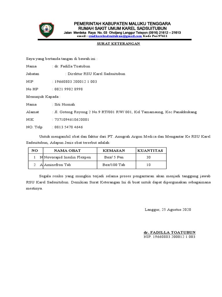 Surat Keterangan Bawa Obat Insulin | PDF
