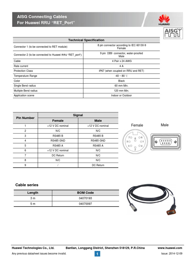 AISG Cable For Huawei RRU Datasheet | PDF | Electrical Connector | Electrical Components