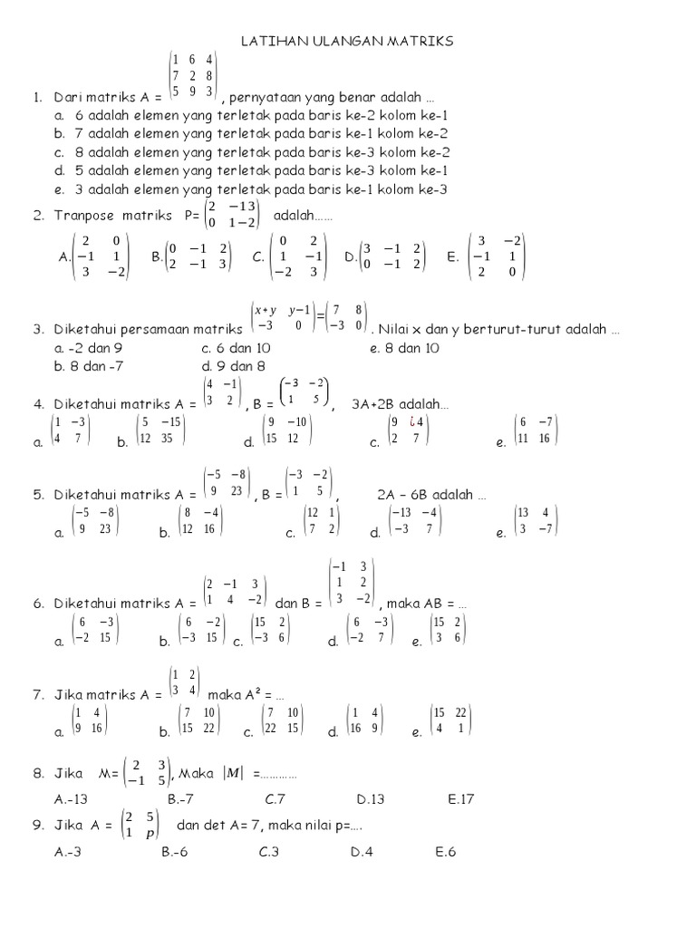 Latihan Ulangan Matriks | PDF
