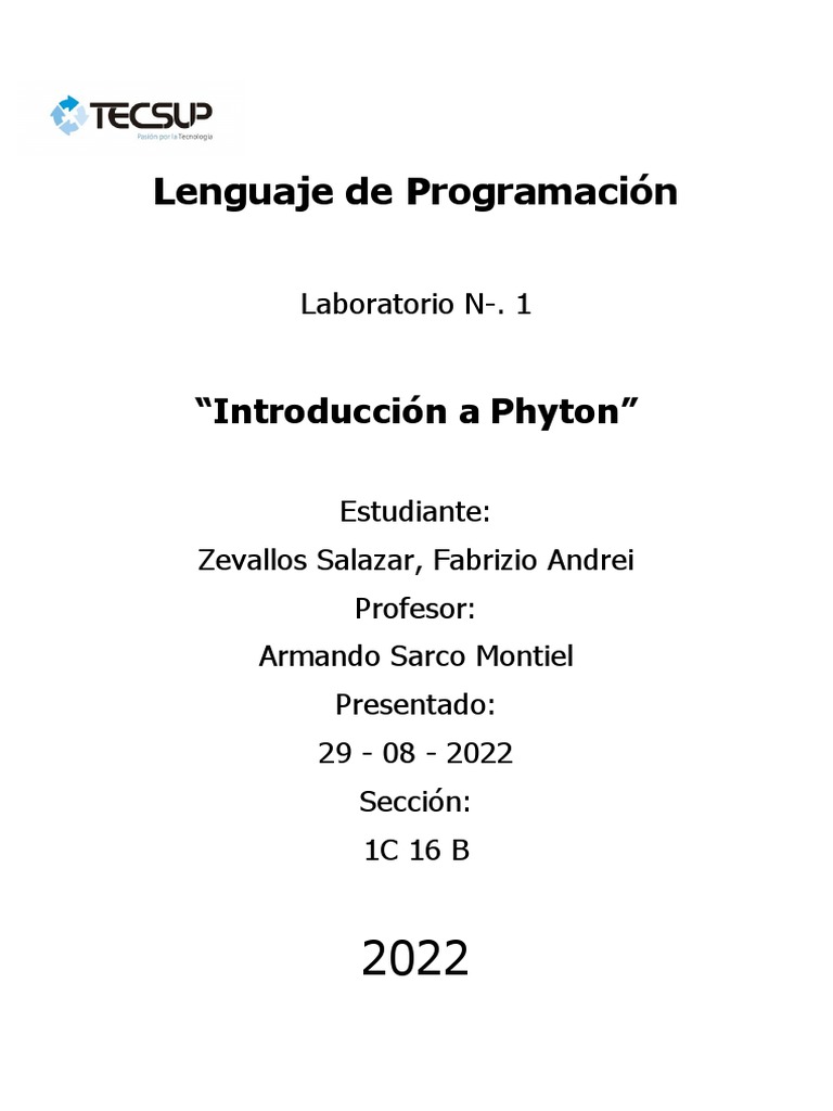 Laboratorio N 1 Lenguaje De Programacion Pdf Python Lenguaje De Programación Ingeniería