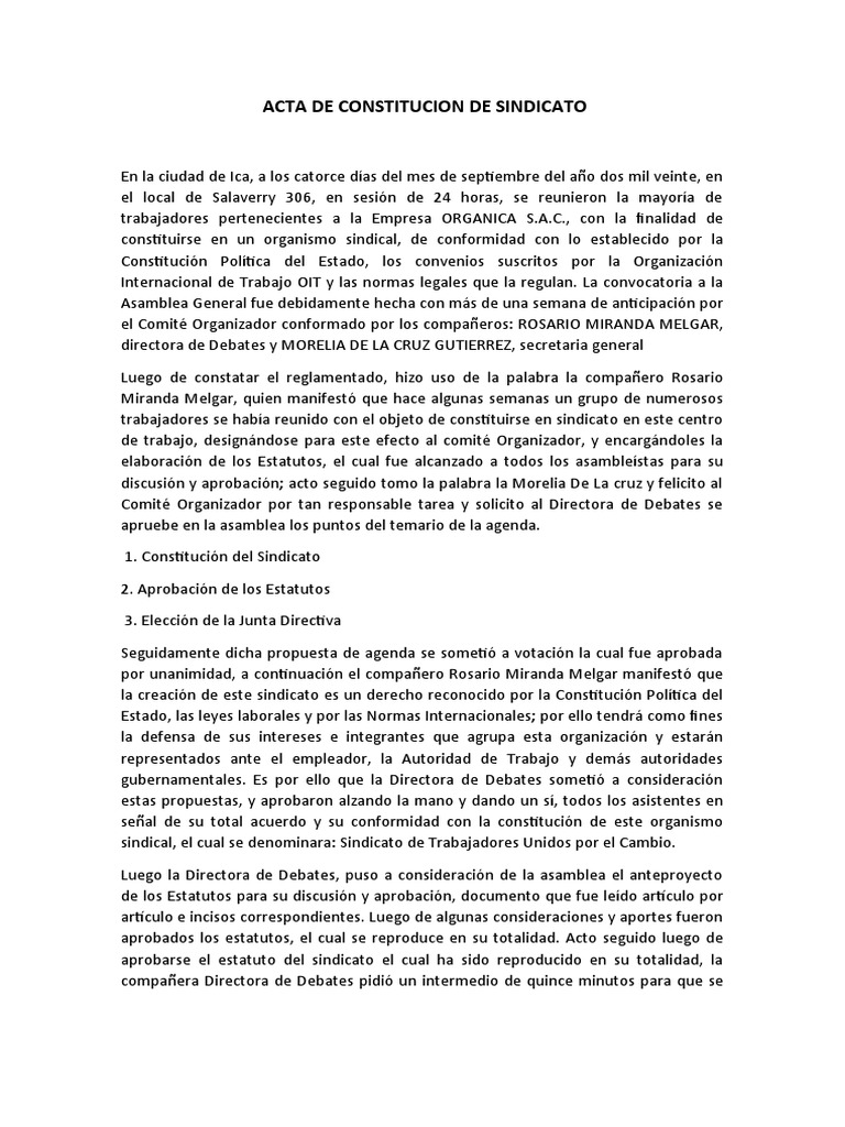 ACTA DE CONSTITUCION DE SINDICATO | PDF | Sindicato | Gobierno ACTA DE CONSTITUCION DE SINDICATO | PDF | Sindicato | Gobierno