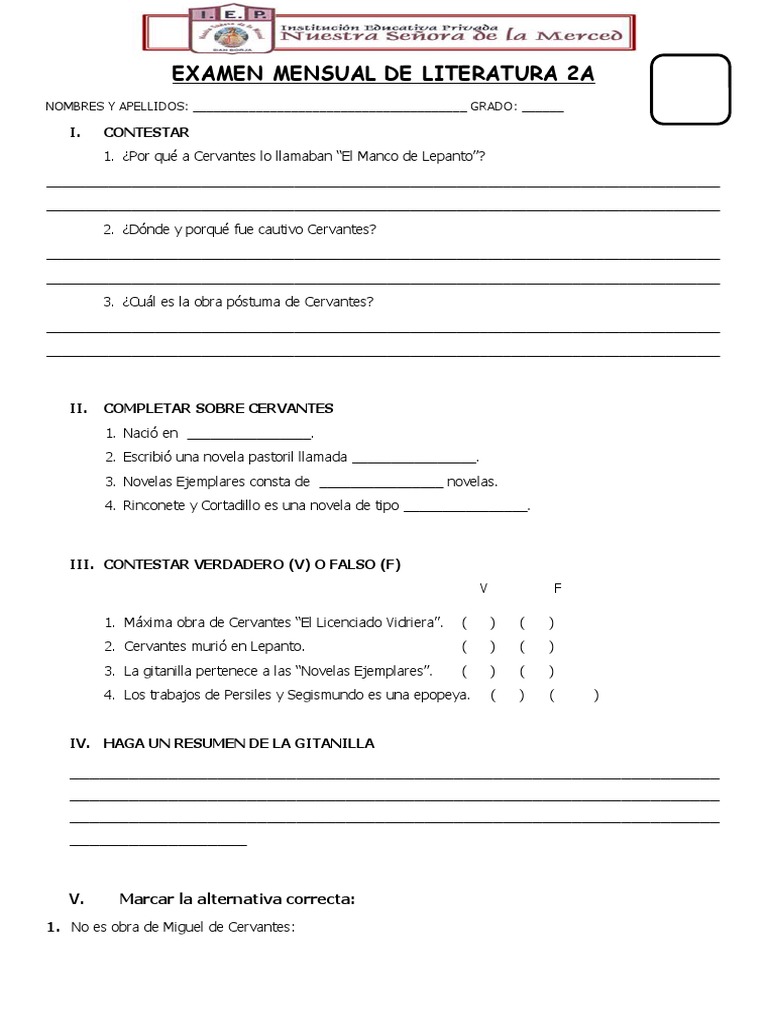 EXAMEN MENSUAL DE LITERATURA - NIVEL 2a | PDF | Miguel De Cervantes ...