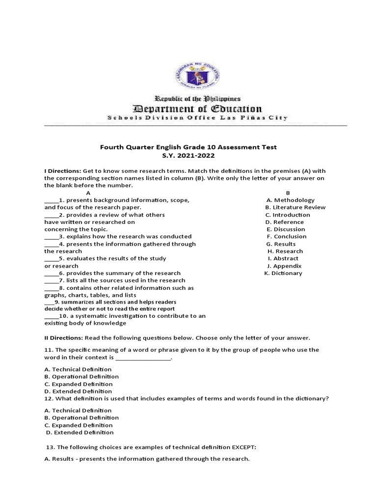 4TH Quarter English 10 Assessment Test | PDF | Definition | Information