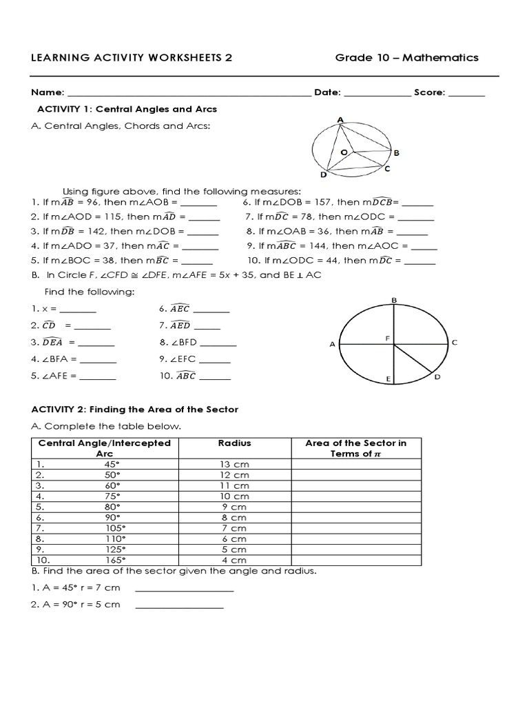 Math 10 Learning Activity Worksheet 2 Q2 Final | PDF | Area | Angle