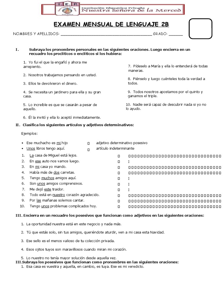 Examen Mensual de Lenguaje Nivel 2B | PDF | Adjetivo | Pronombre