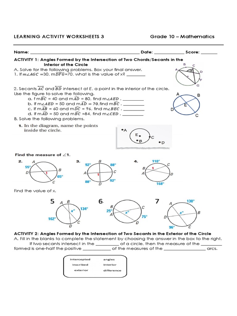 Grade 10 Math worksheet on angles and theorems | PDF | Circle | Trigonometric Functions