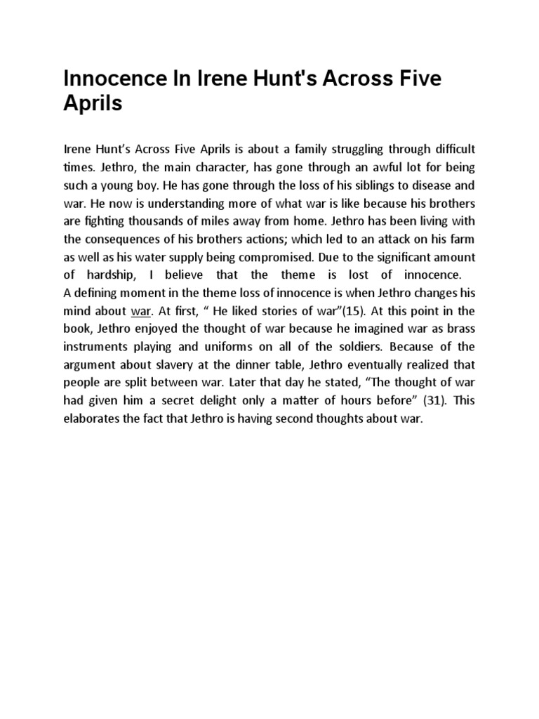 Innocence in Irene Hunt's Across Five Aprils | PDF