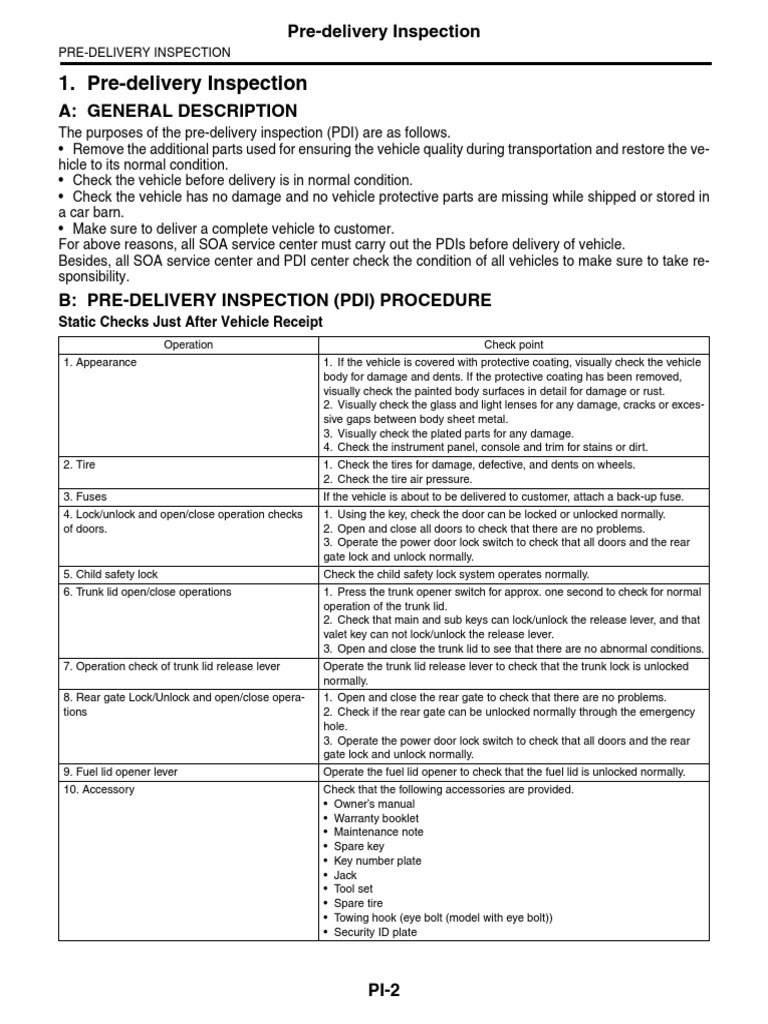 Pre-Delivery Inspection | Download Free PDF | Trunk (Car) | Seat Belt