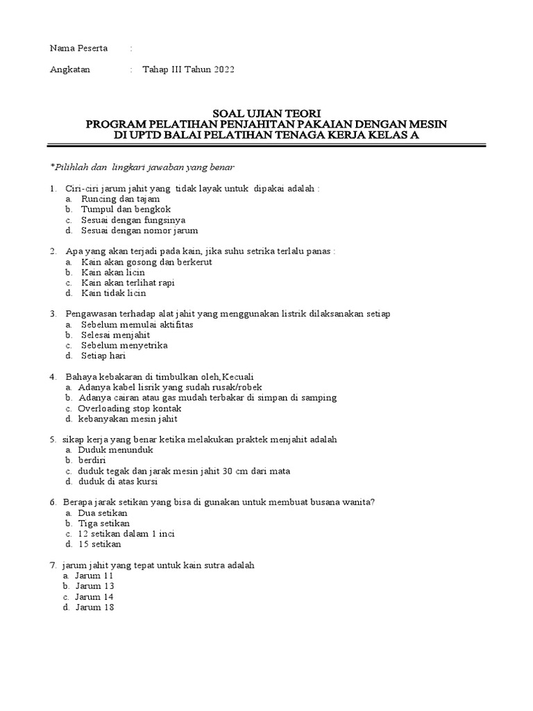 Soal Ujian Tertulis Menjahit | PDF